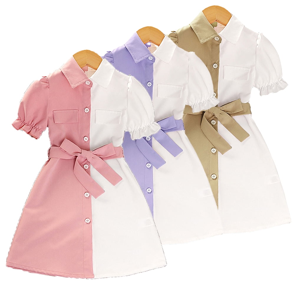 LYMAYTER 4-7T Girls Short Flare Sleeve Shirt Dress Summer Button down ...