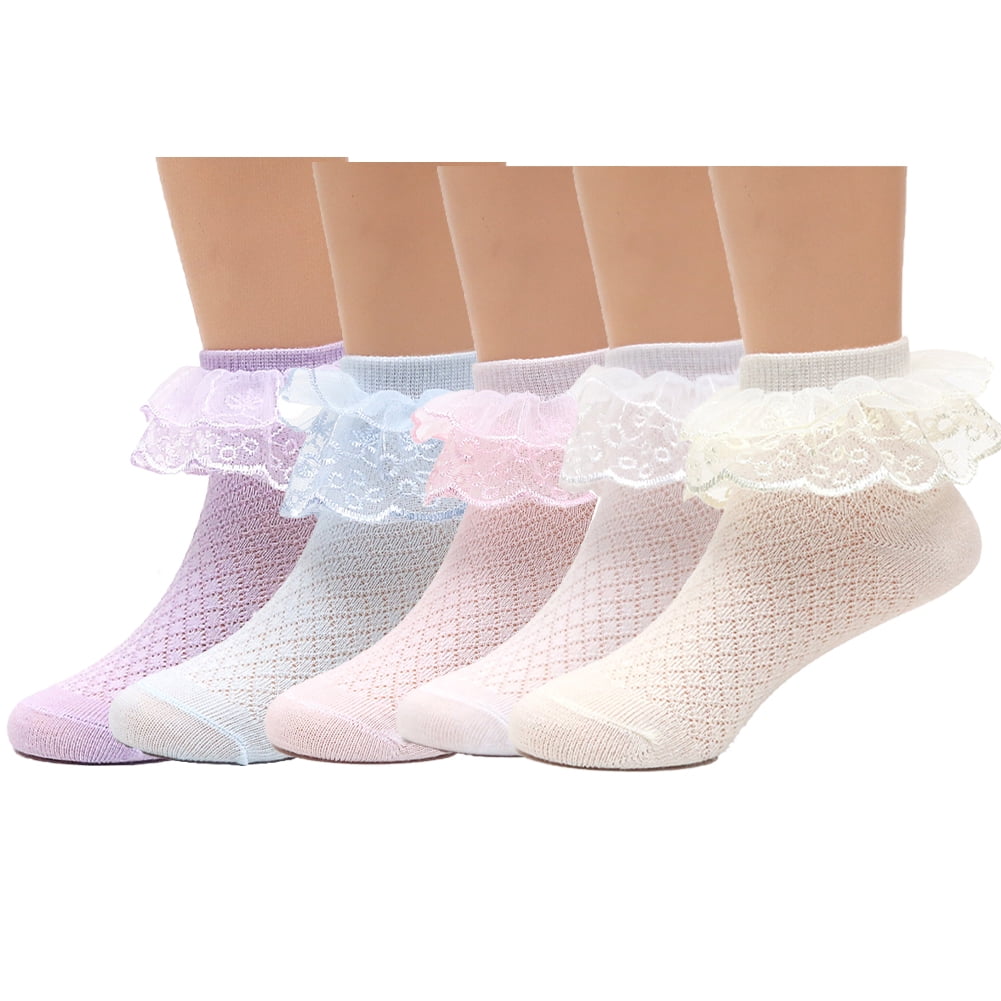 LYMAYTER 5 Pack Dress Socks ‌for Kids Girls Cute Solid Color Ankle ...