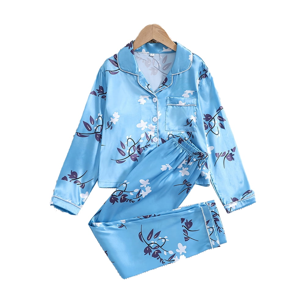 LYMAYTER 8-12T Girls Satin Pajamas Set, 2pj Silk Nightwear Button-Down ...