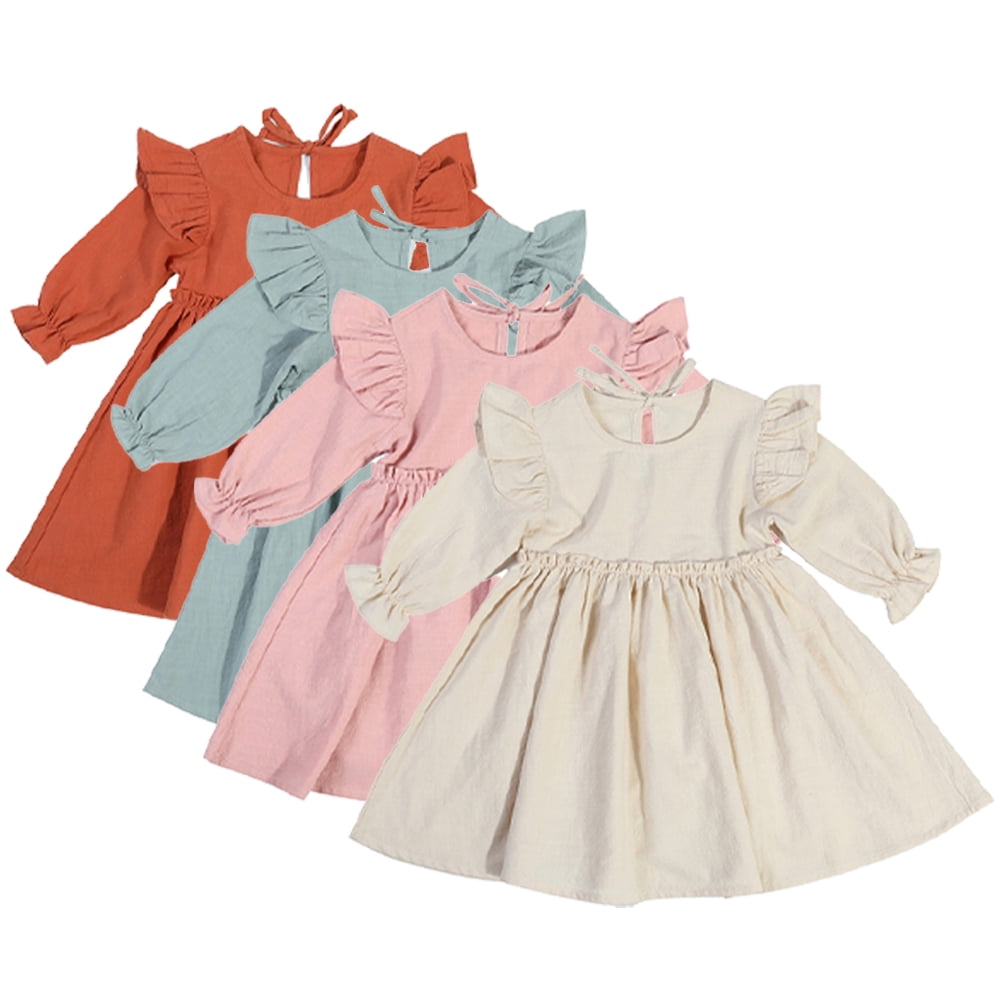 LYMAYTER Baby Girls Crewneck Dresses Spring Casual Solid Color Cotton ...