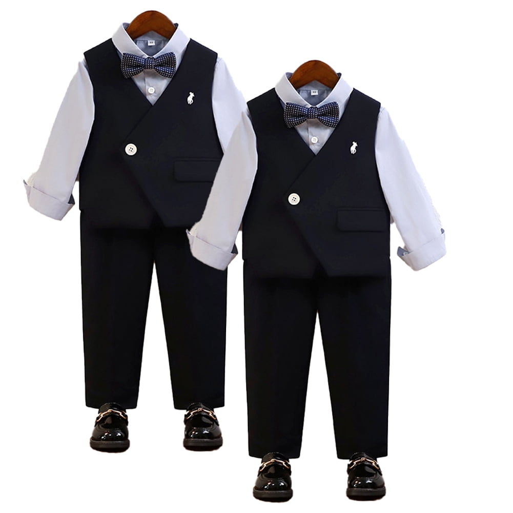 LYMAYTER Boys Formal Suit Set Vest Toddler Pants Shirt Bow Tie Wedding ...
