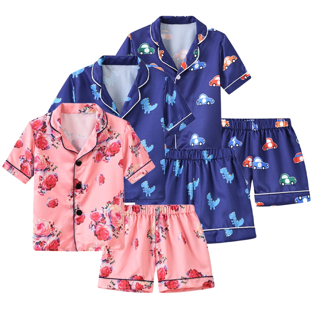 LYMAYTER Kids Silk Pajamas Outfit for Girls Boys Lapel Pjs Set 1-6 Year ...