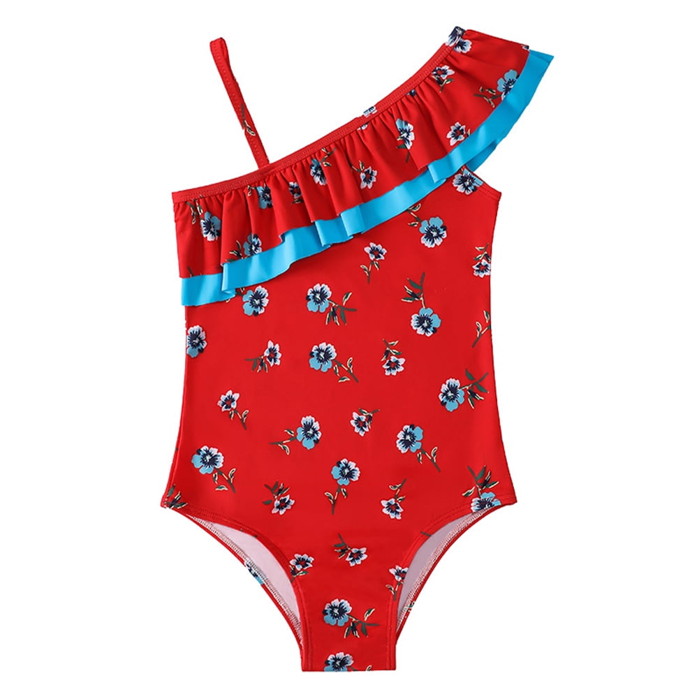 LYMAYTER Kids Toddler Girls One Shoulder Swimsuit Ruffled Floral ...