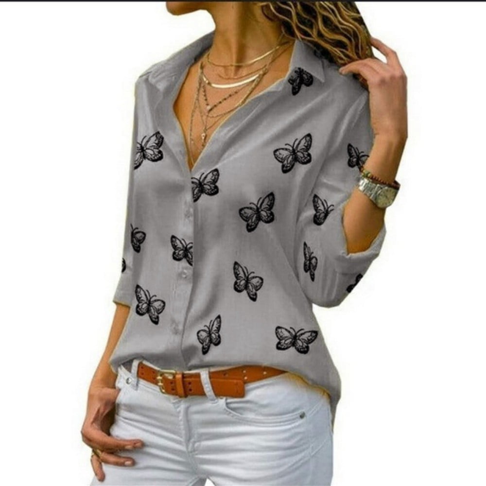 LYMAYTER Women‌ Fashion Shirts Summer Casual Butterfly Print Long ...