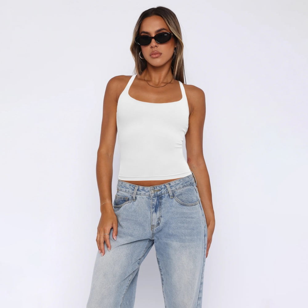 LYMAYTER Women's Square Neck Tank Low Back Criss Cross Back Lounge ...