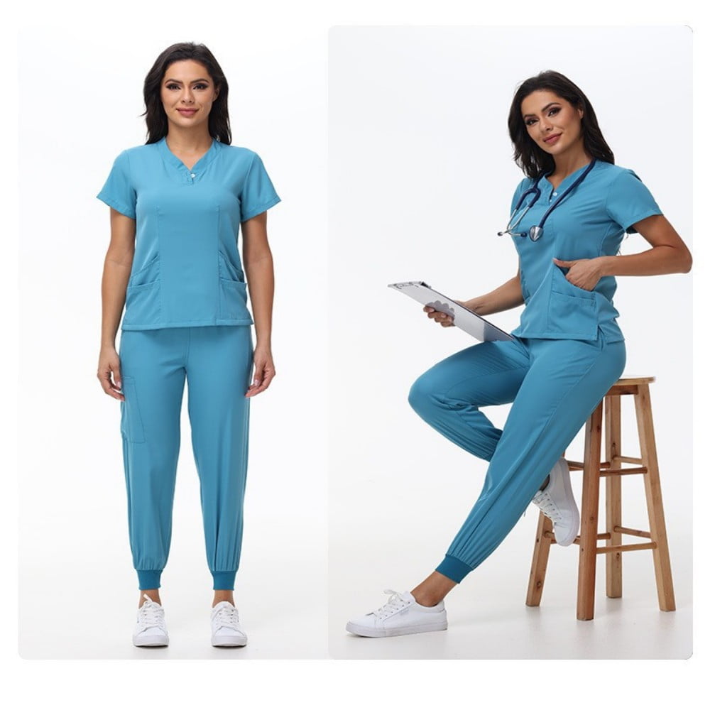 LYMAYTER Womens V-Neck Medical Uniform Dentistry Solid Color Set Quick ...