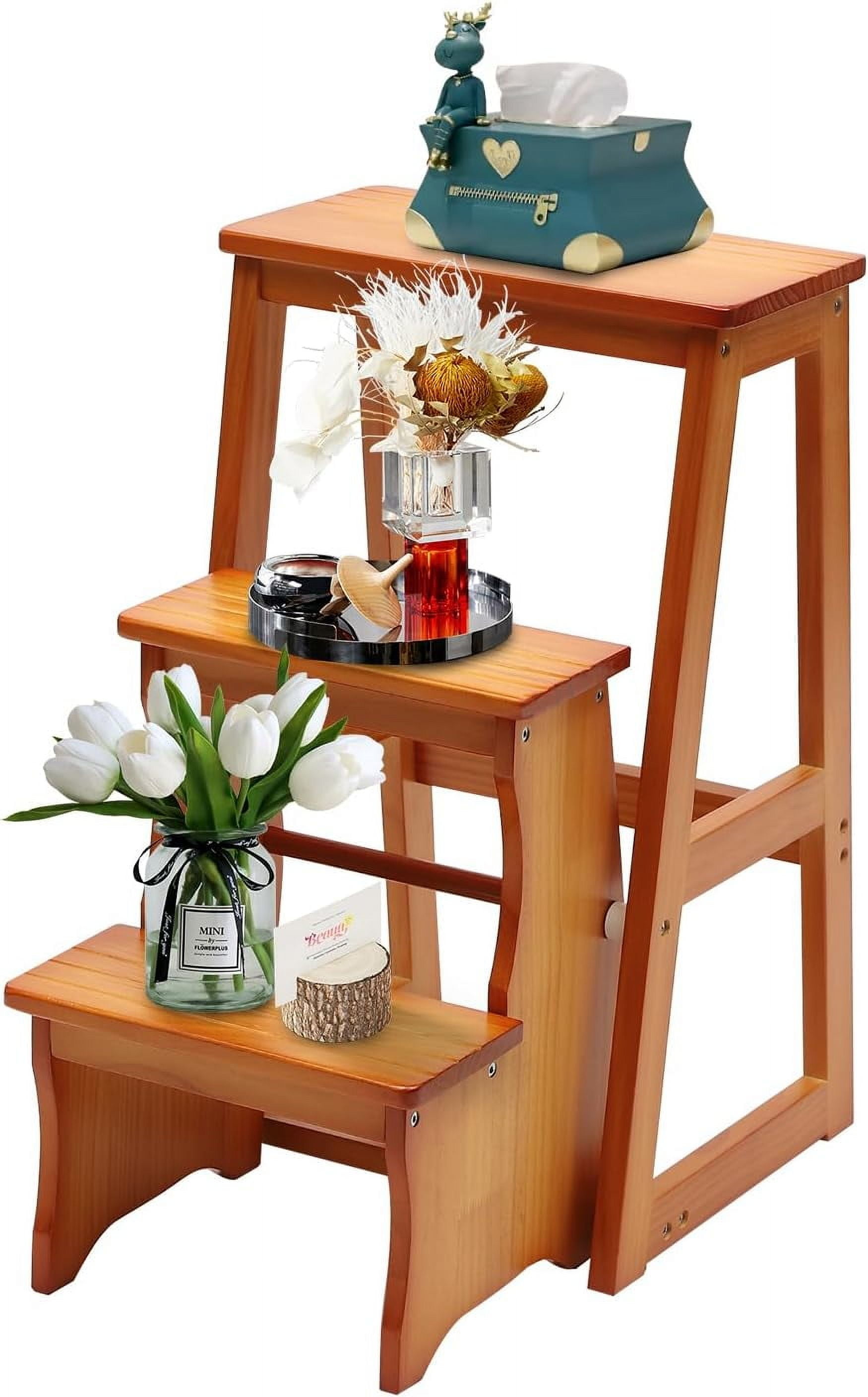 LYNICESHOP Folding Library Ladder Chair, 3-Step Wooden Folding Chair ...