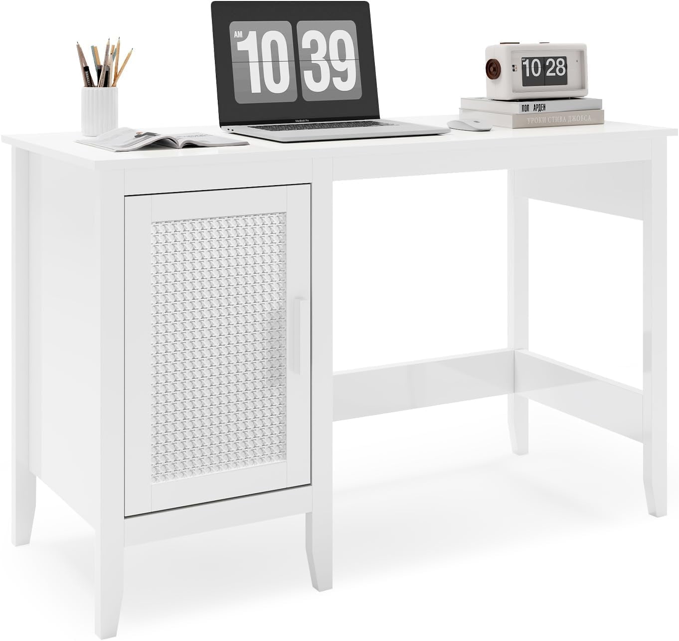 LYNSLIM White Computer Desk with Storage Cupboard,47''Wood Home Office ...