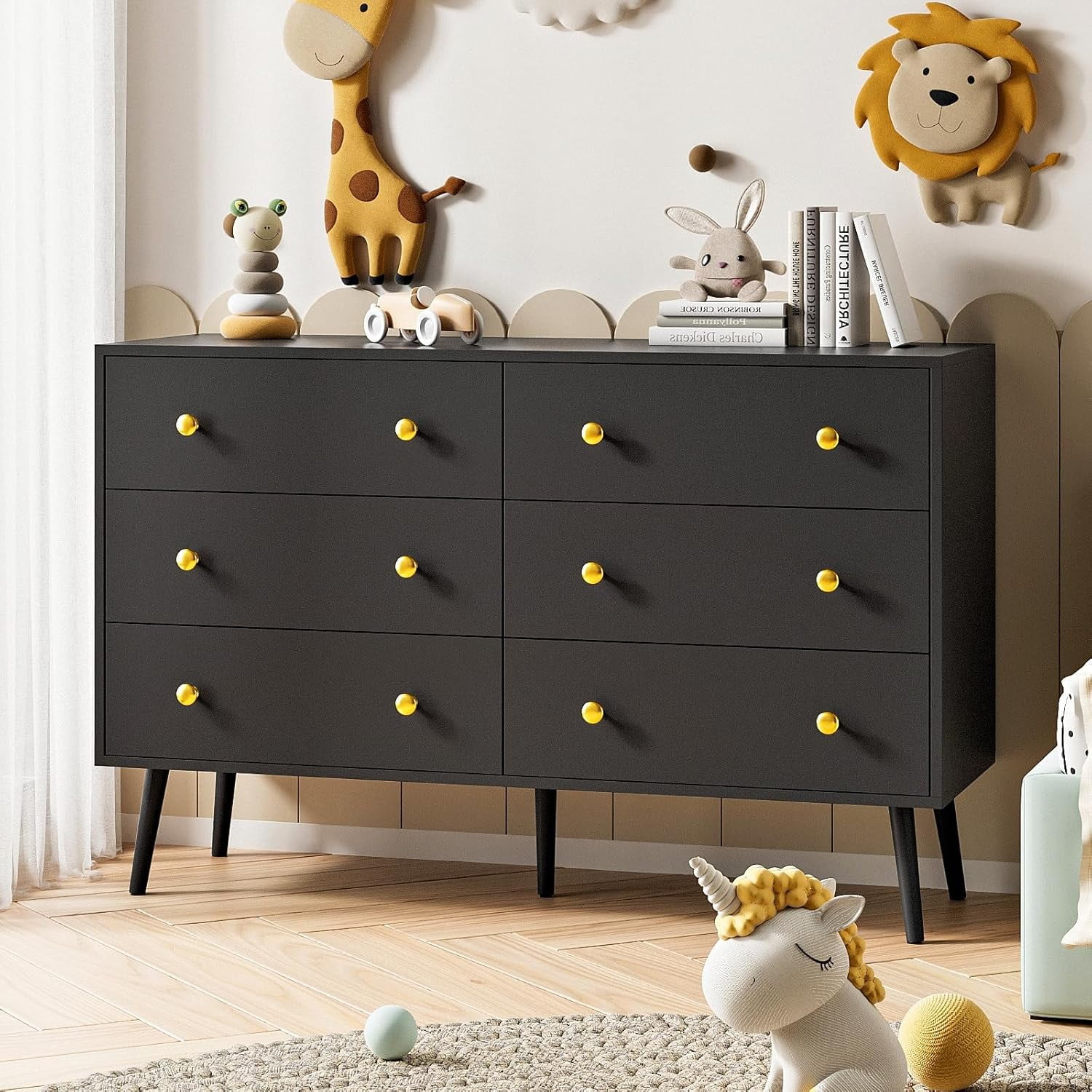 LYNSOM Dresser for Bedroom, 6 Drawer Modern Black Dresser with Wide ...