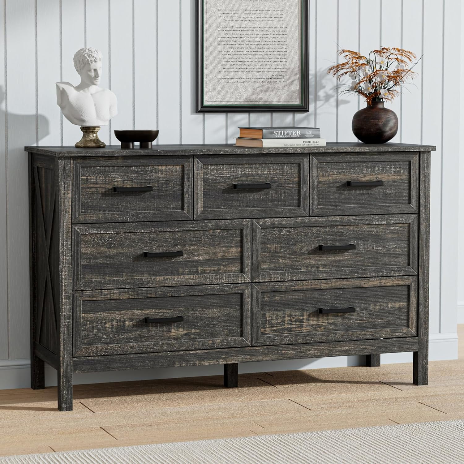 LYNSOM Farmhouse 7 Drawers Dresser for Bedroom, Wood Rustic Wide Chest ...