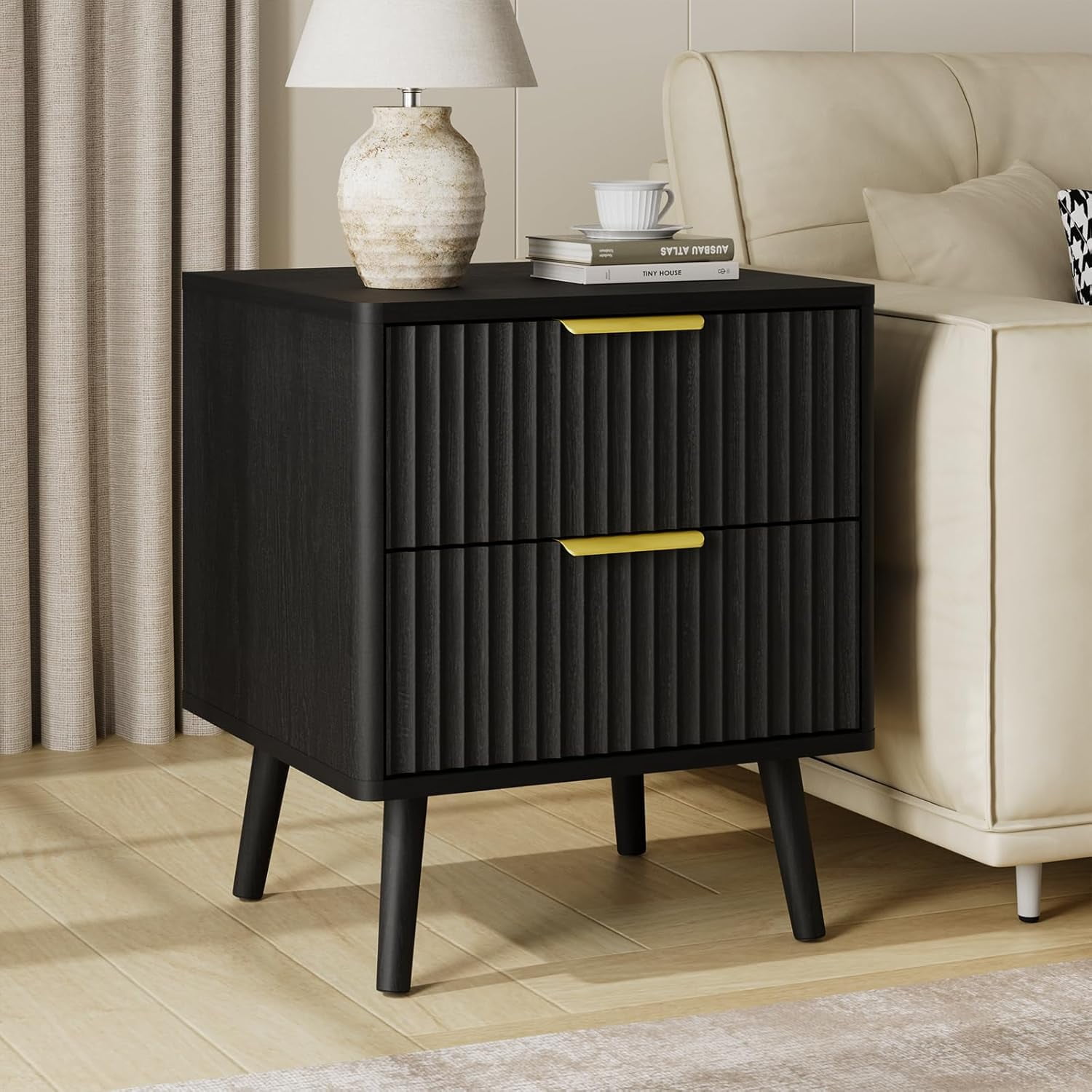 LYNSOM Fluted Night Stand, Night Stands with Deep 2 Drawers and Curved ...