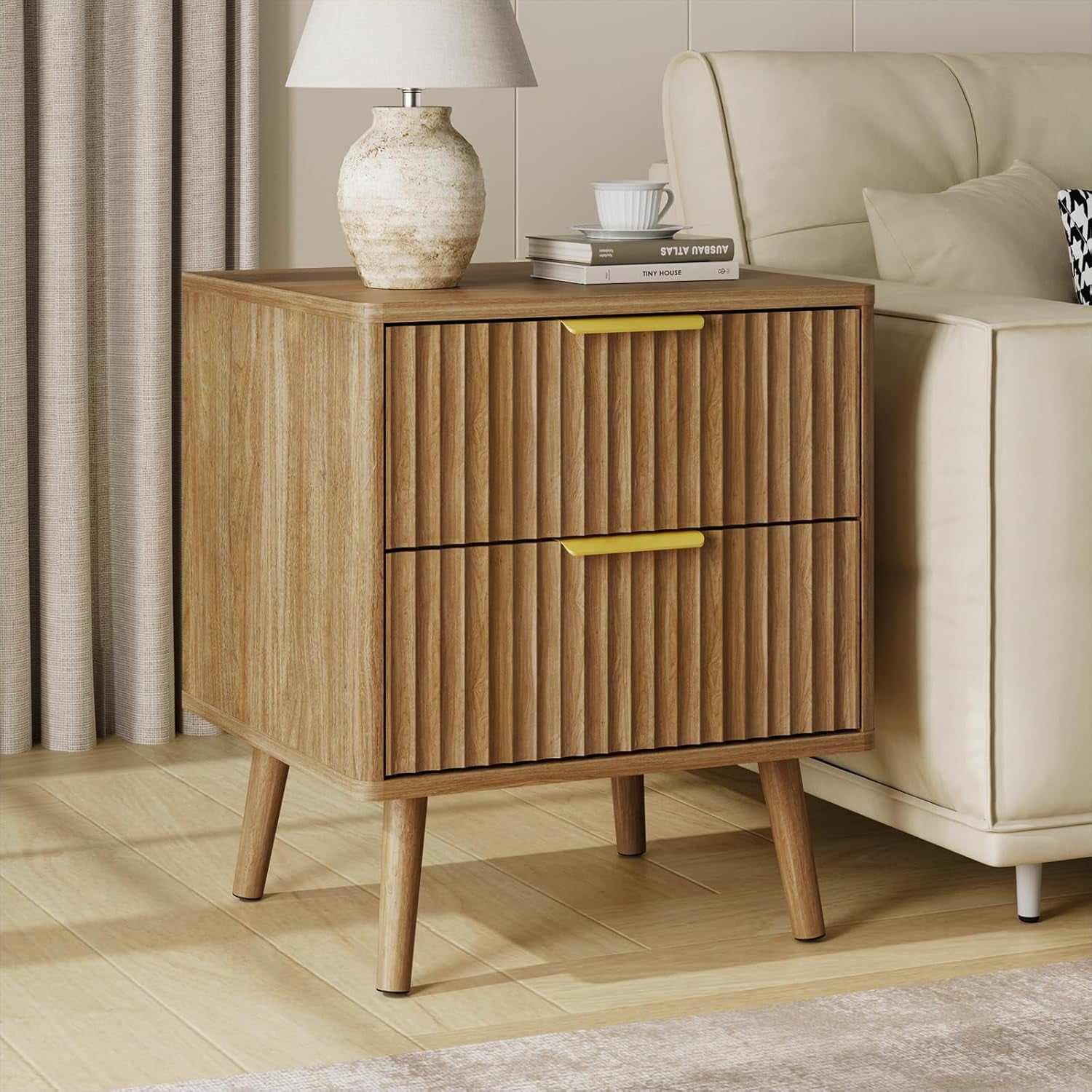 LYNSOM Fluted Night Stand, Night Stands with Deep 2 Drawers and Curved ...