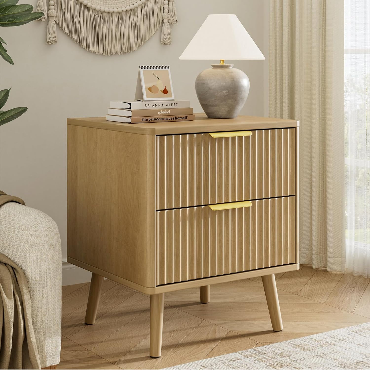 LYNSOM Fluted Night Stand, Night Stands with Deep 2 Drawers and Curved ...