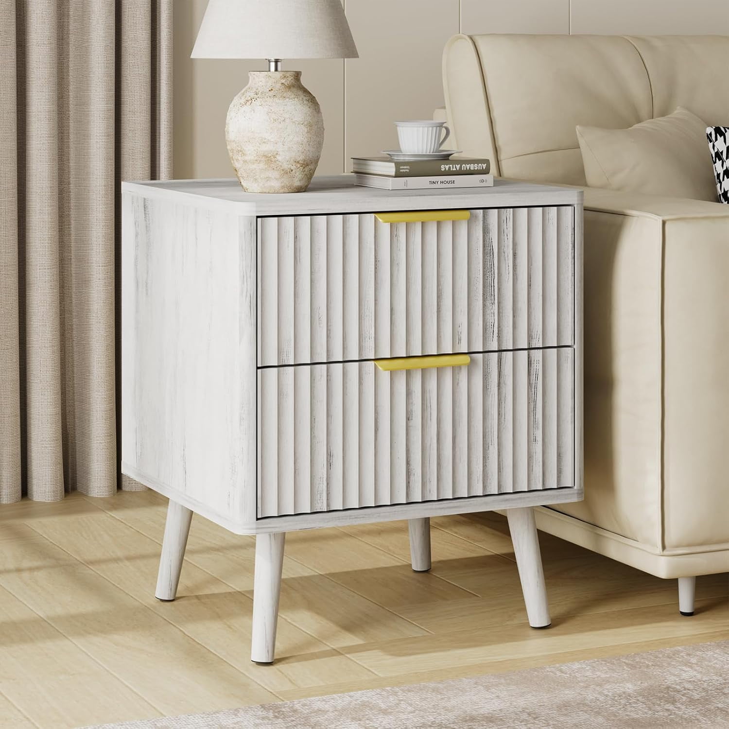 LYNSOM Fluted Night Stand, Night Stands with Deep 2 Drawers and Curved ...