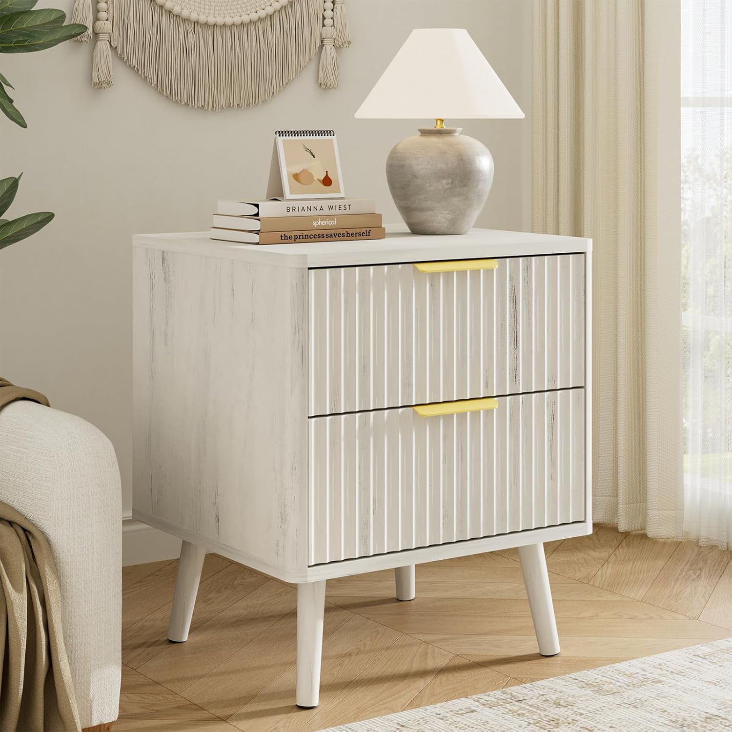LYNSOM Fluted Night Stand, Night Stands with Deep 2 Drawers and Curved ...