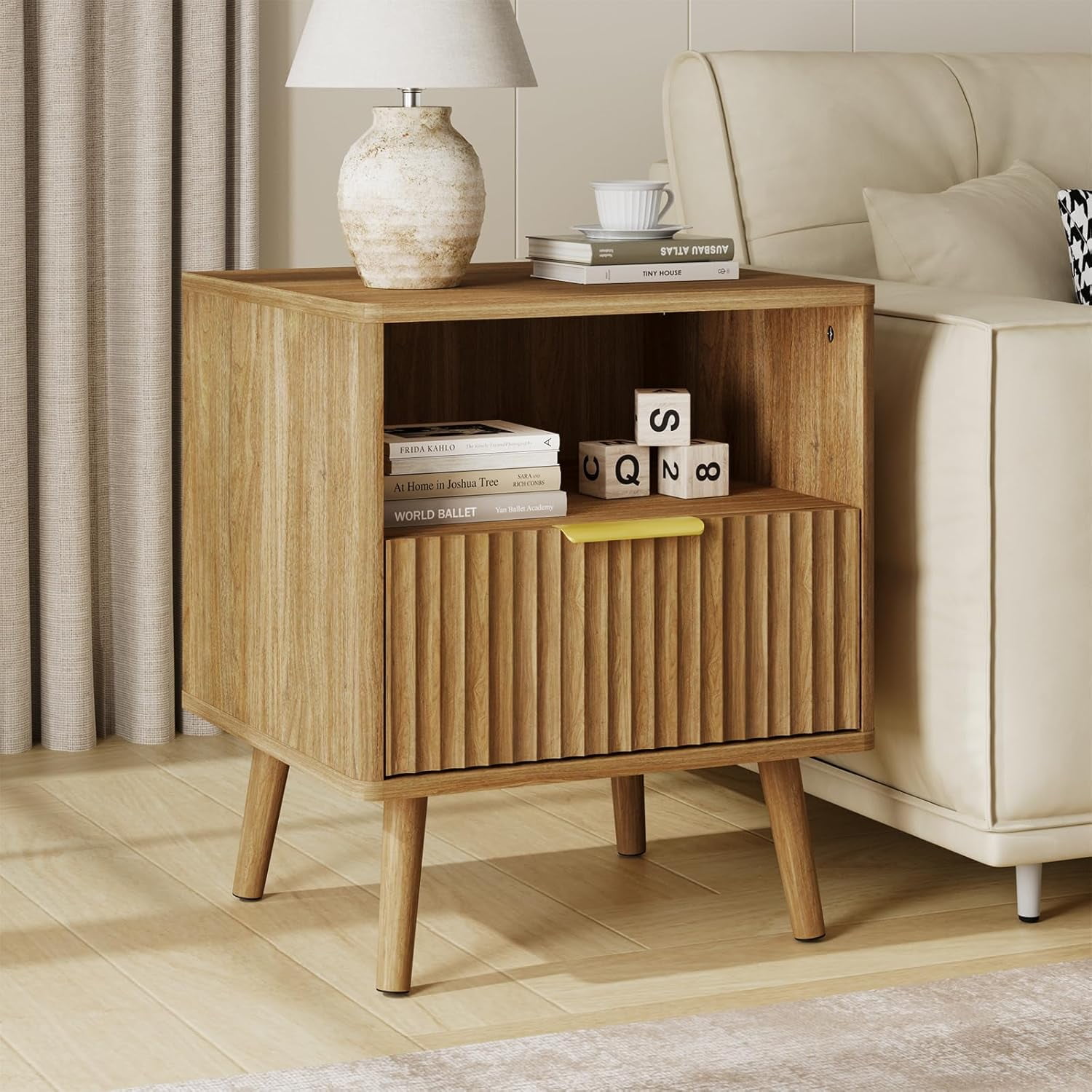 LYNSOM Fluted Night Stand, Night Stands with Drawer Open Shelves and ...