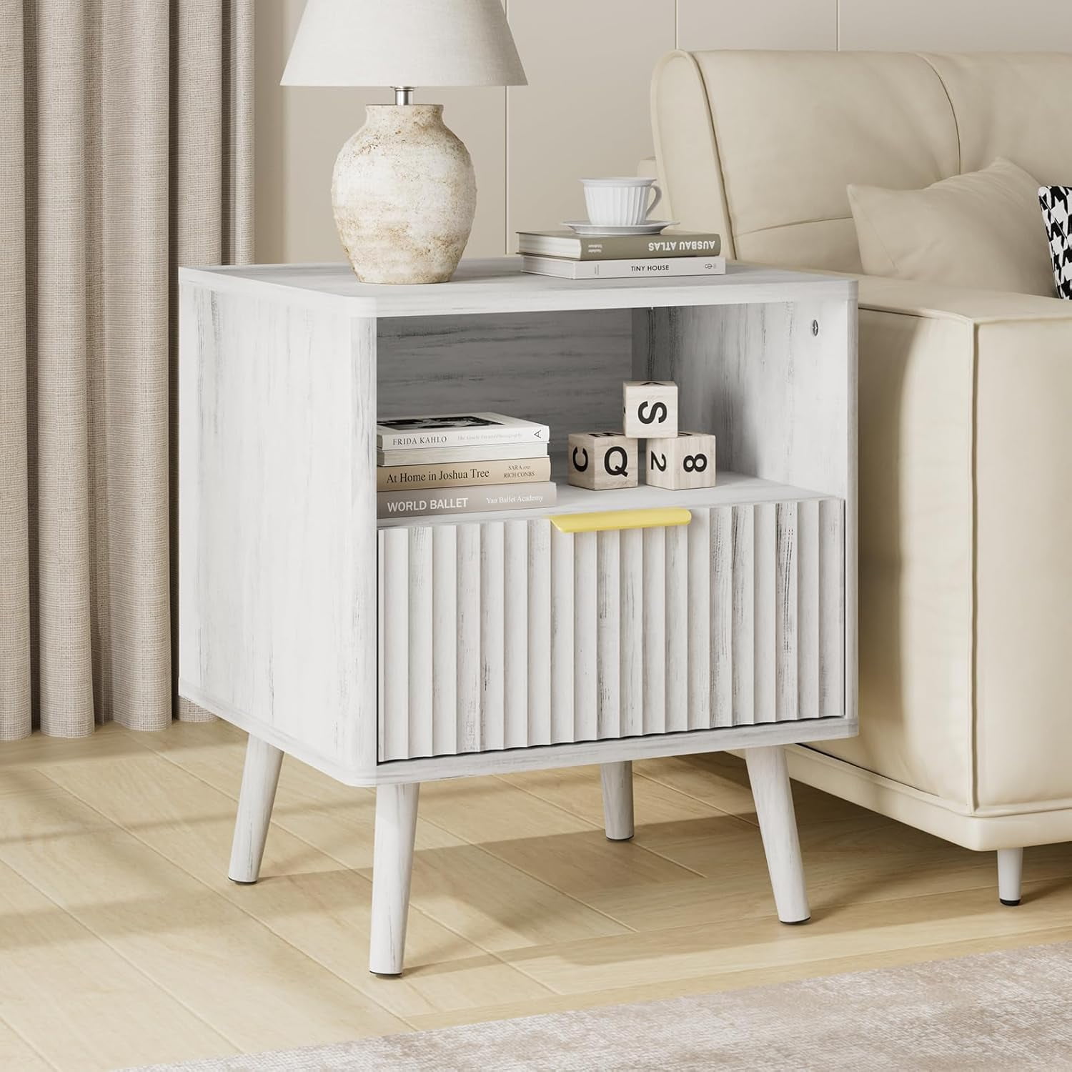 LYNSOM Fluted Night Stand, Night Stands with Drawer Open Shelves and ...