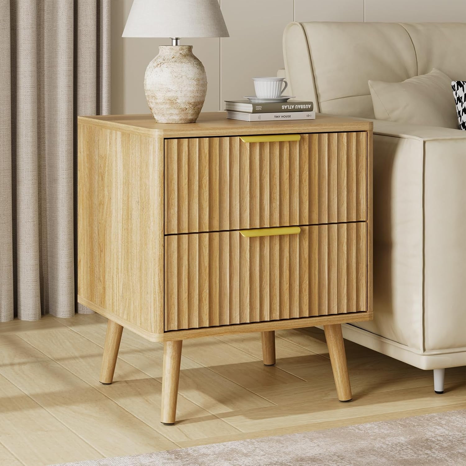 LYNSOM Fluted Night Stand, Night Stands with Deep Drawers, Wooden Bedside Table Modern Design ...