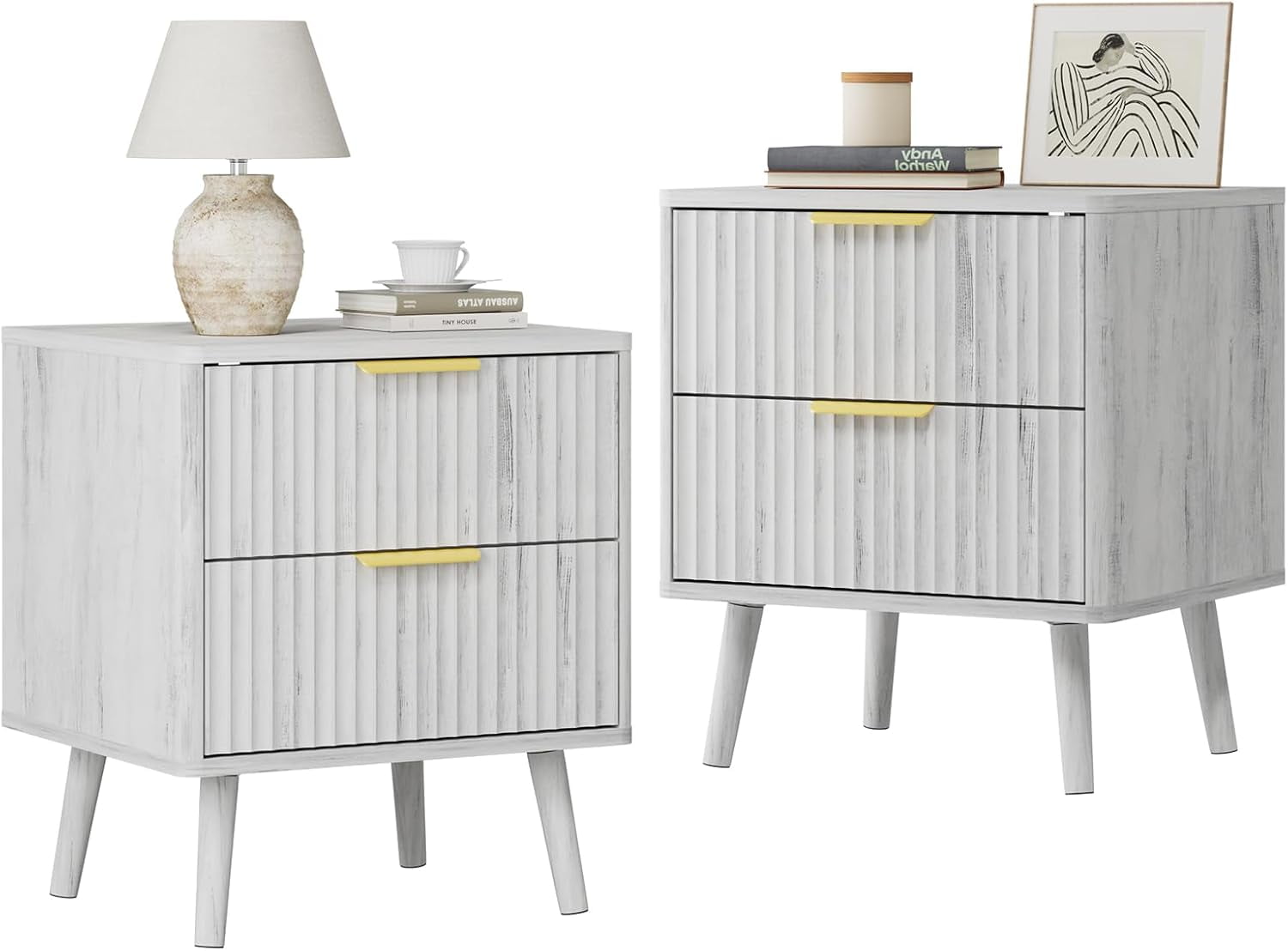 LYNSOM Fluted Night Stand Set of 2, Night Stands with Deep 2 Drawers ...