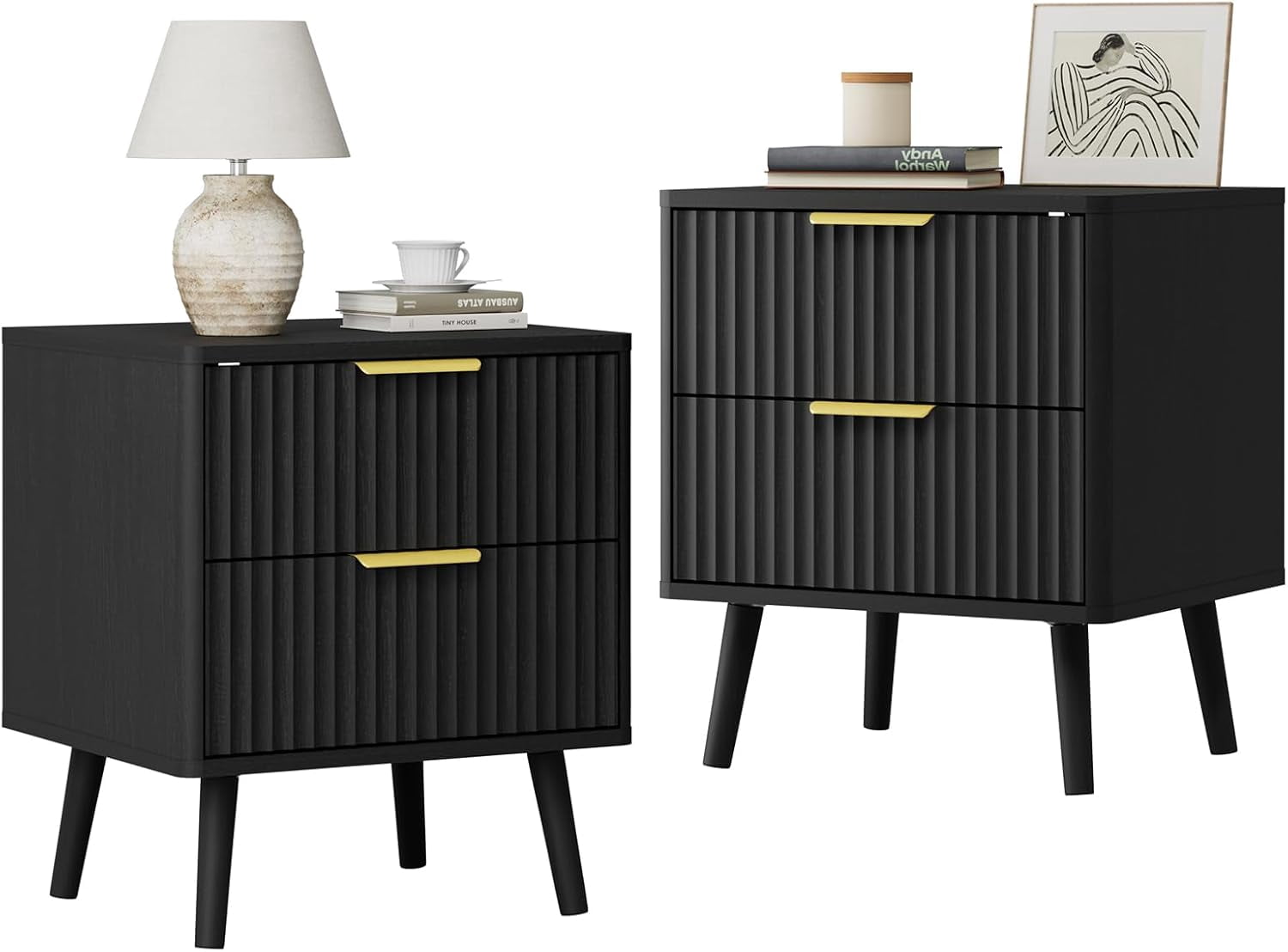 LYNSOM Fluted Night Stand Set of 2, Night Stands with Deep 2 Drawers ...