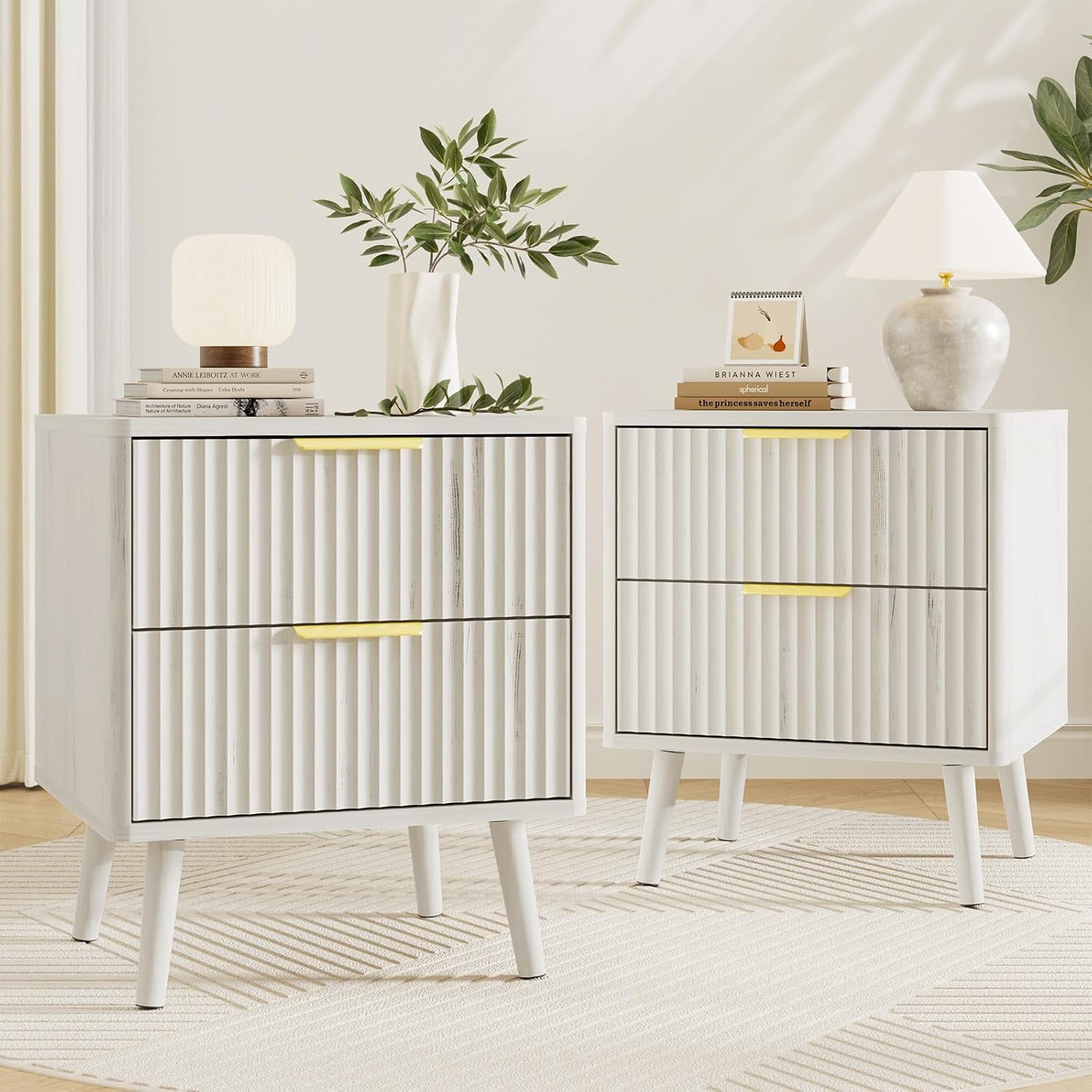 LYNSOM Fluted Night Stand Set of 2, Night Stands with Deep 2 Drawers ...