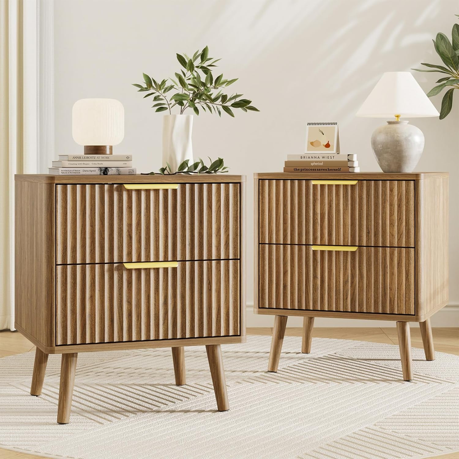 LYNSOM Fluted Night Stand Set of 2, Night Stands with Deep 2 Drawers ...