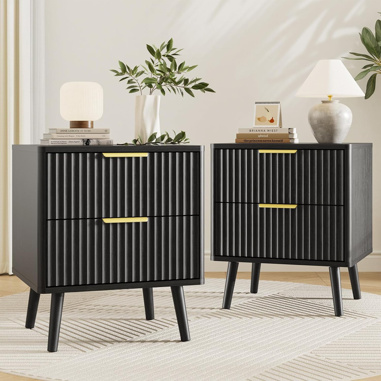 LYNSOM Fluted Night Stand Set of 2, Night Stands with Deep 2 Drawers ...