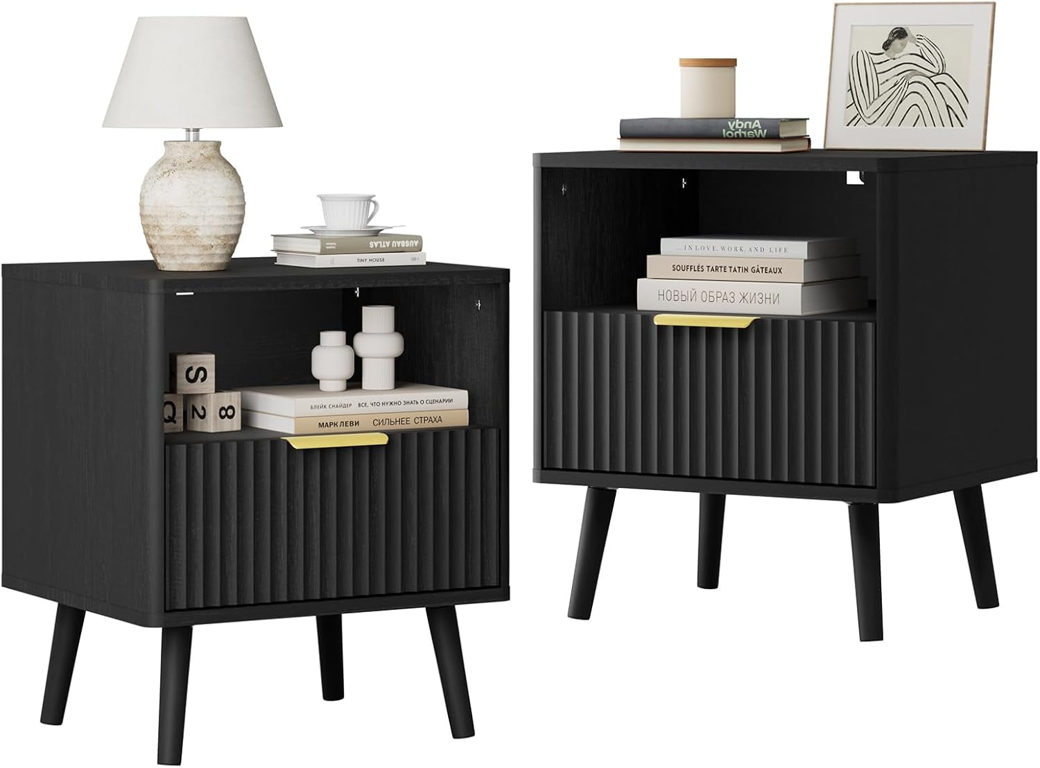 LYNSOM Fluted Night Stand Set of 2, Night Stands with Drawer Open ...