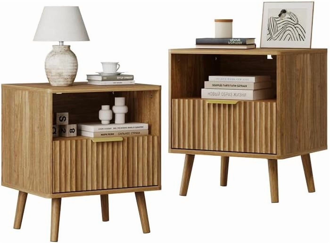 LYNSOM Fluted Night Stand Set of 2, Night Stands with Drawer Open ...