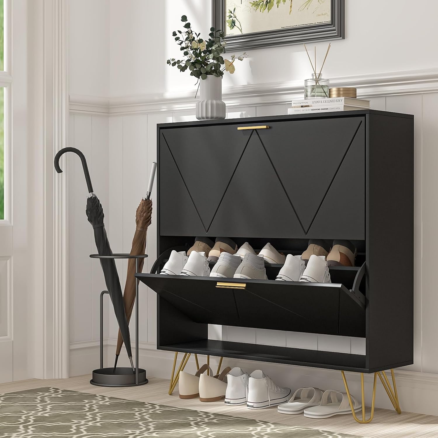 LYNSOM Shoe Cabinet with 2 Flip Drawers, Black Shoe Storage Cabinet ...