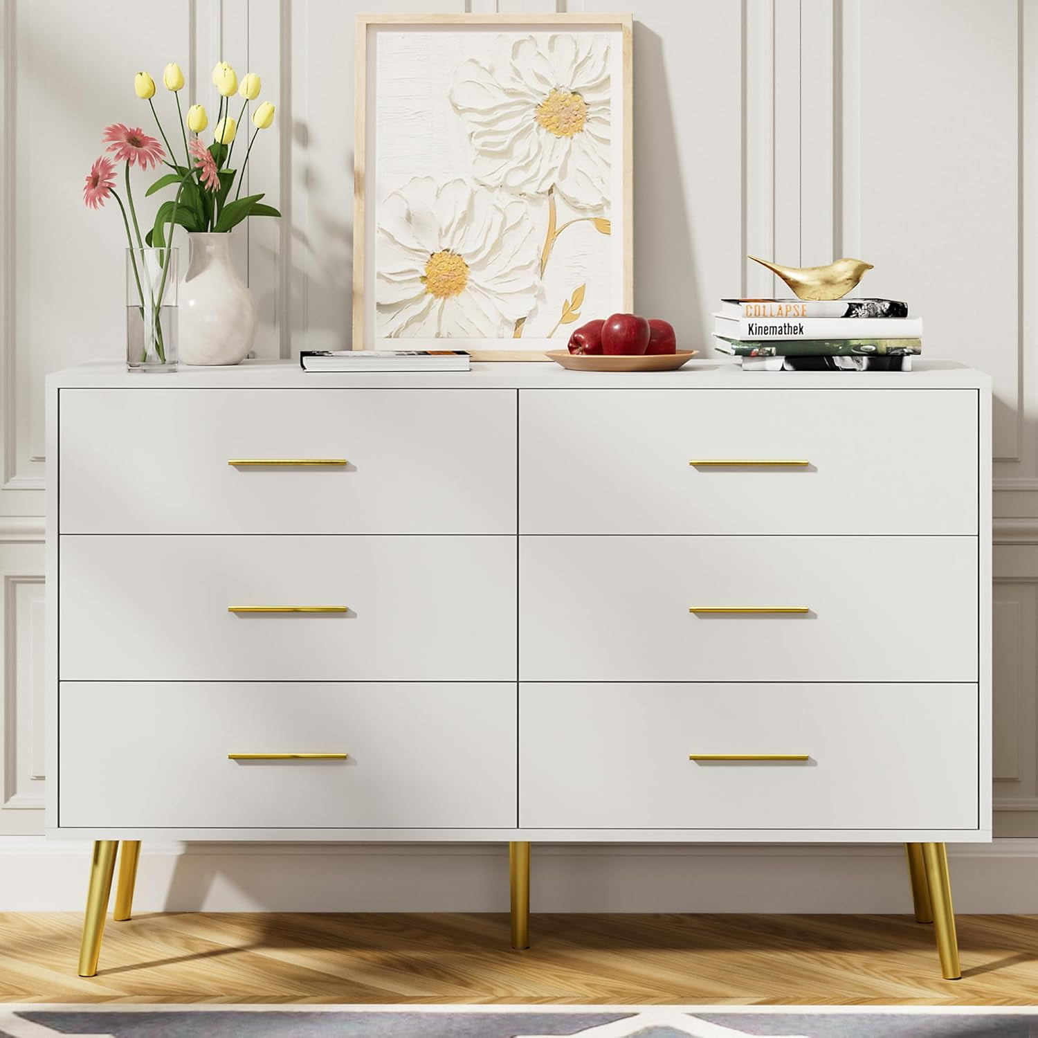 LYNSOM White Dresser for Bedroom, 6 Drawer Wood Double Dresser with ...