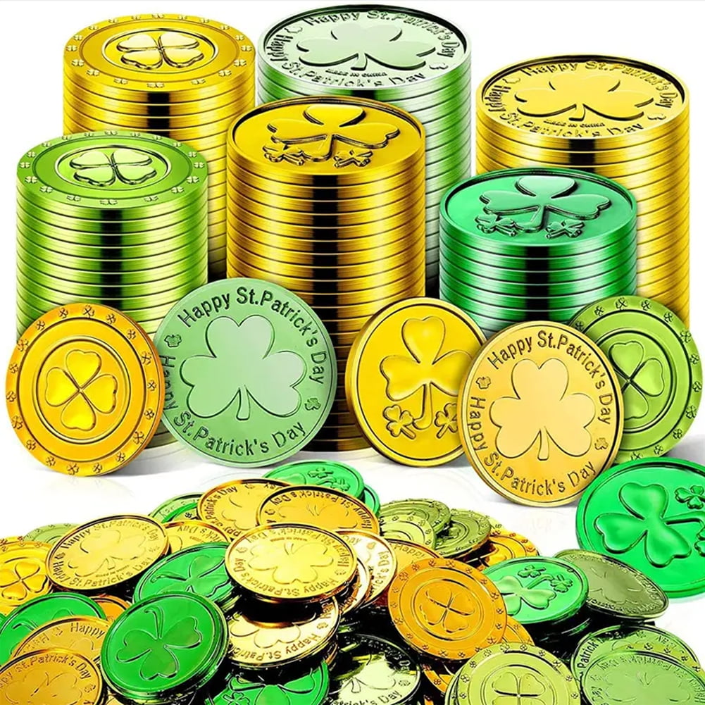 LYQTOY Plastic Shamrock Coins Irish Green Coin St Patricks Day Lucky Table Decors (100pcs ...