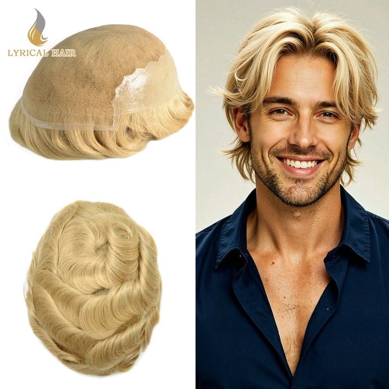 Mens Toupee Hairpieces Lace Front Human Hair Replacement System Skin PU ...