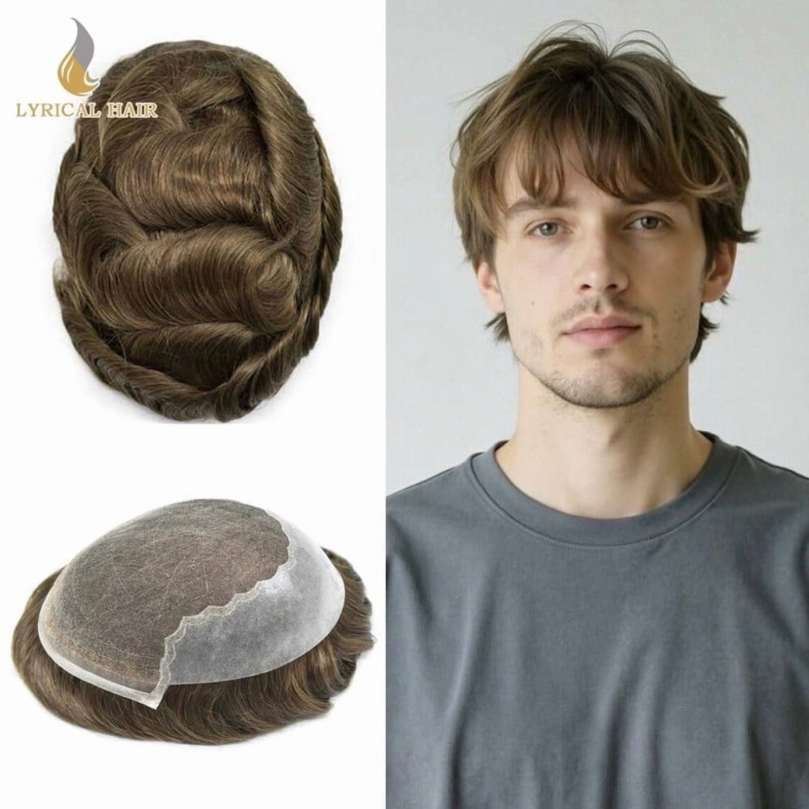 Mens Toupee Hairpieces Lace Front Human Hair Replacement System Skin PU ...