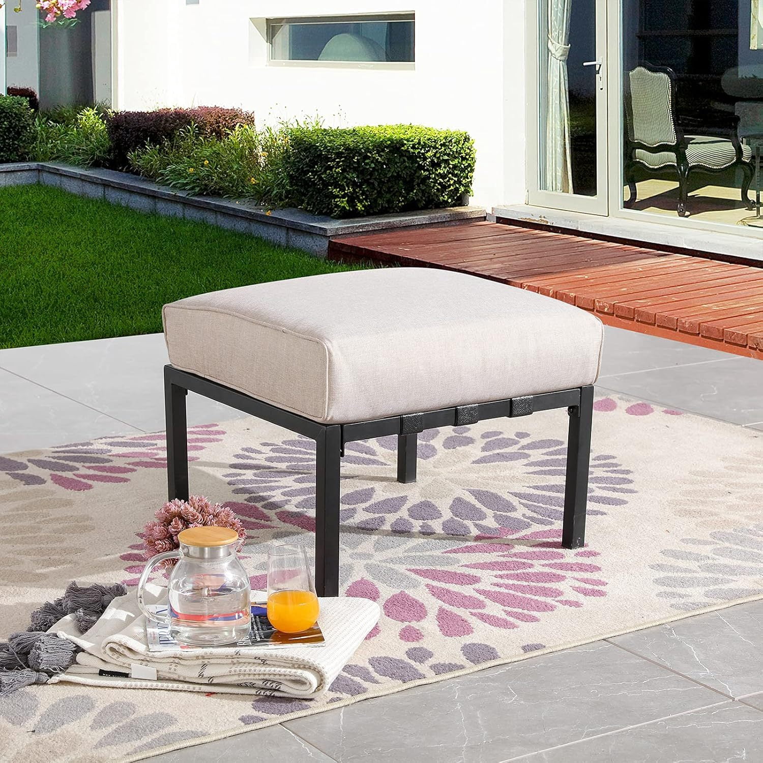 LYSP Patio Ottoman Metal Footstool with Thick Cushion Small Seat All ...