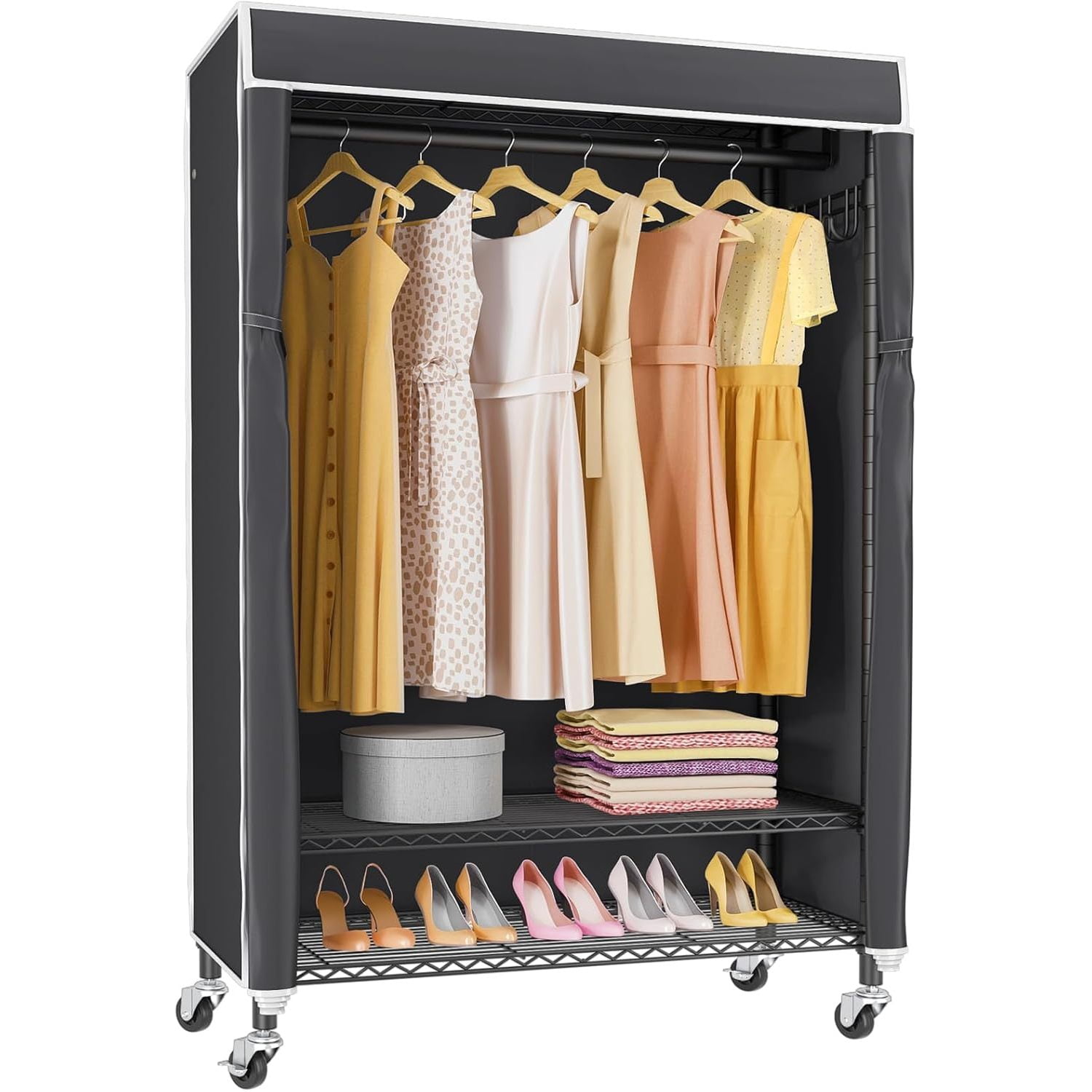 LYSP R1C Rolling Clothes Rack with Cover Portable Closet for Hanging ...