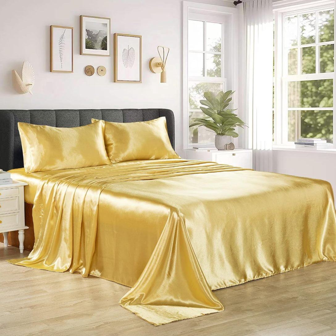 LYSP Silky Satin 4 Piece Sheet Set, Queen, 90" X 102", Gold, Smooth ...