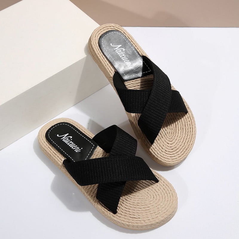 LYU Women's Slippers, Beach Slippers, Woven Slippers, Black, Size 7.5 ...