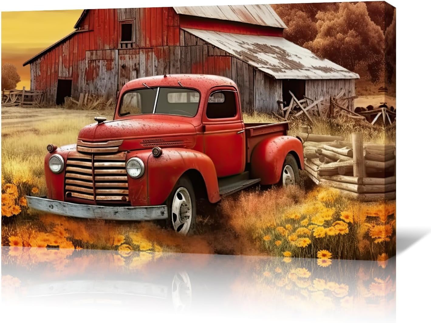 LYUNSHUO Rustic Farmhouse Old Truck Canvas Wall Art,Vintage Red Car and ...