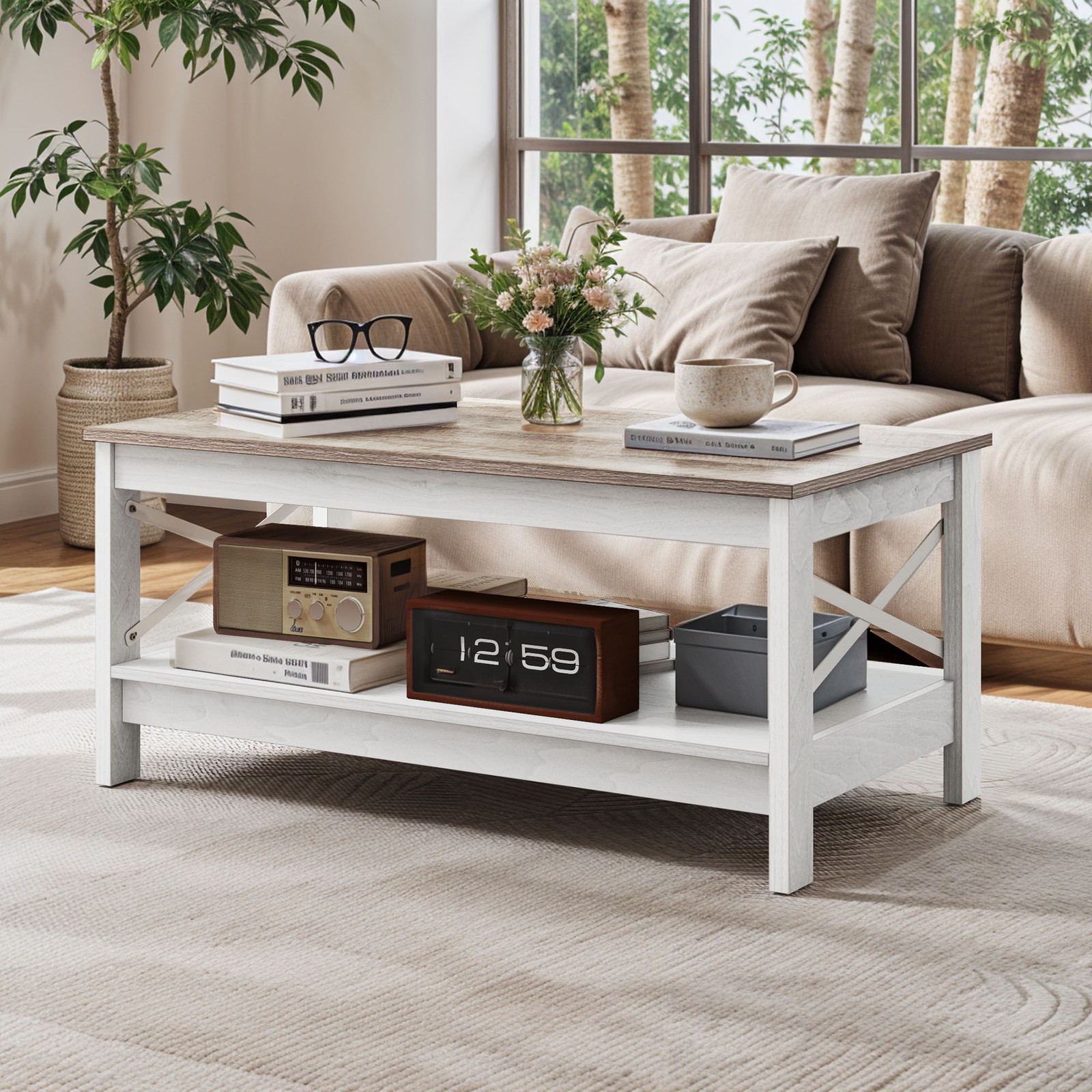 LYYHTY 2-story farmhouse style square coffee table with double-layer ...