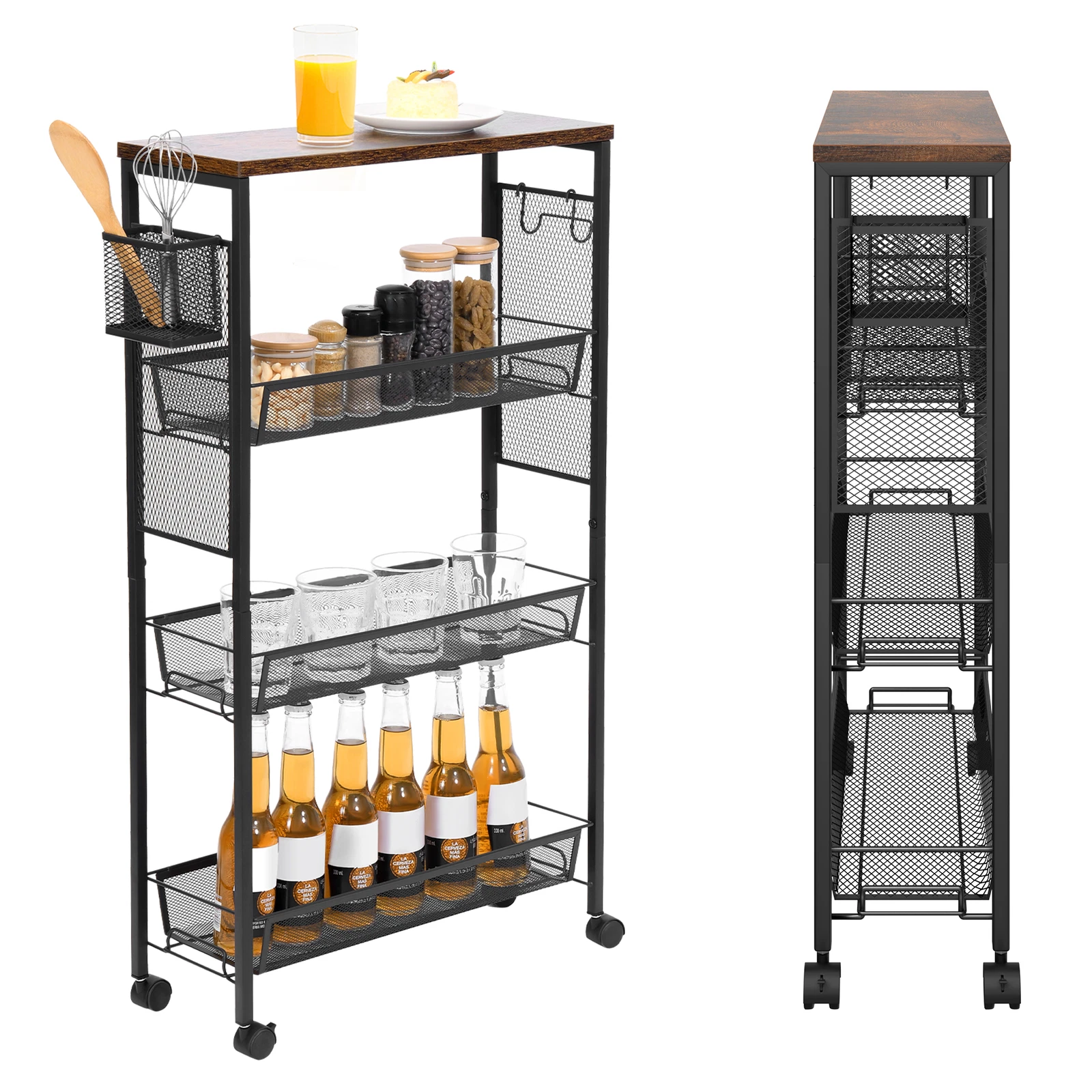 LYYHTY Kitchen Cart, Wood & Iron Material, 3-Tier Mesh Racks with ...