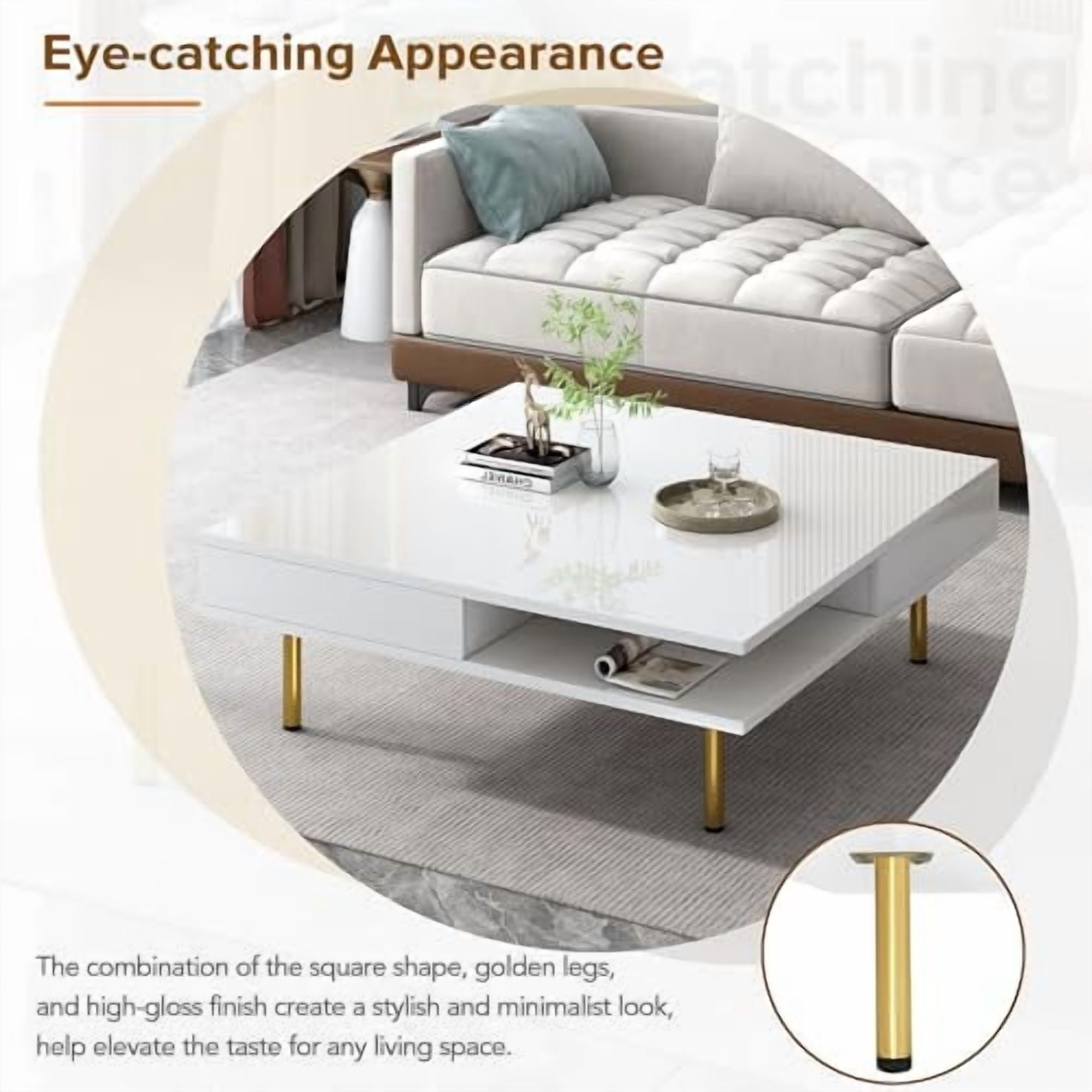 LZ LEISURE ZONE 2-Tier Square Coffee Table with 2 Drawers and 4 Golden ...