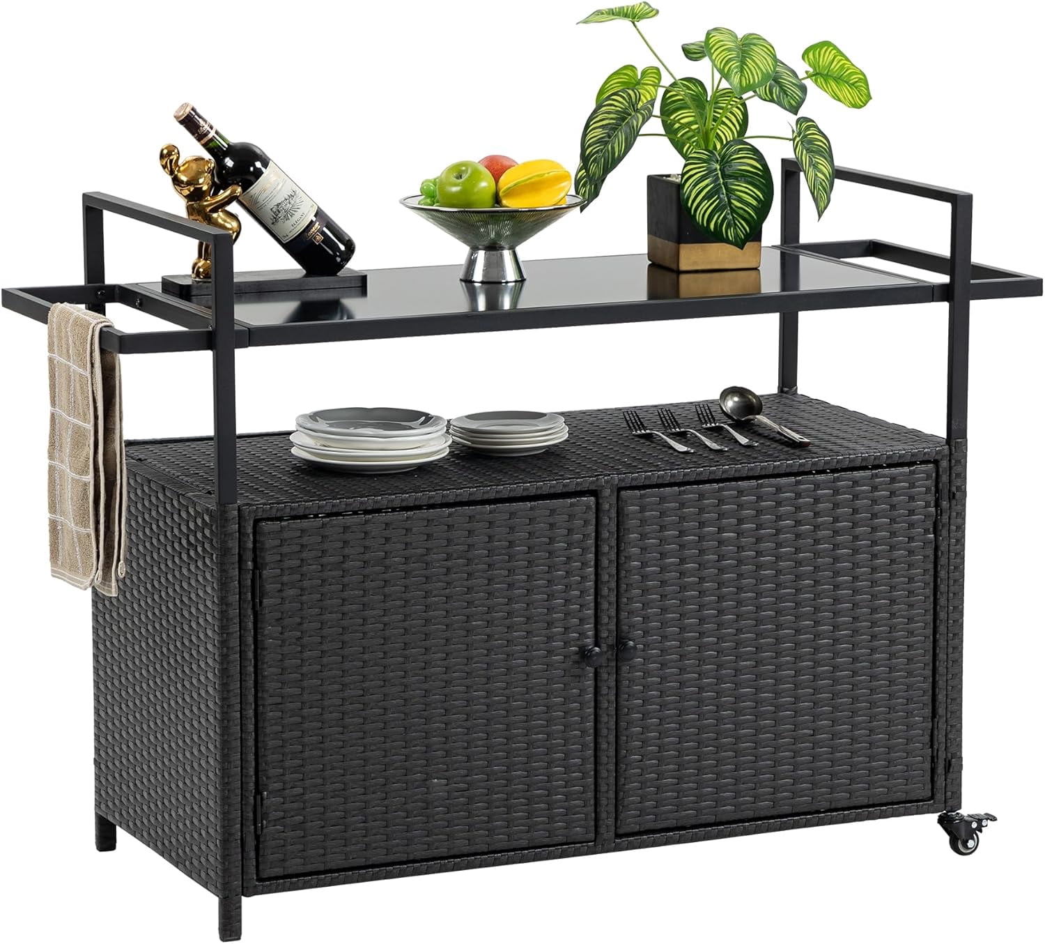 LZ LEISURE ZONE Portable Outdoor Wicker Bar Cart, Patio Wine Serving ...