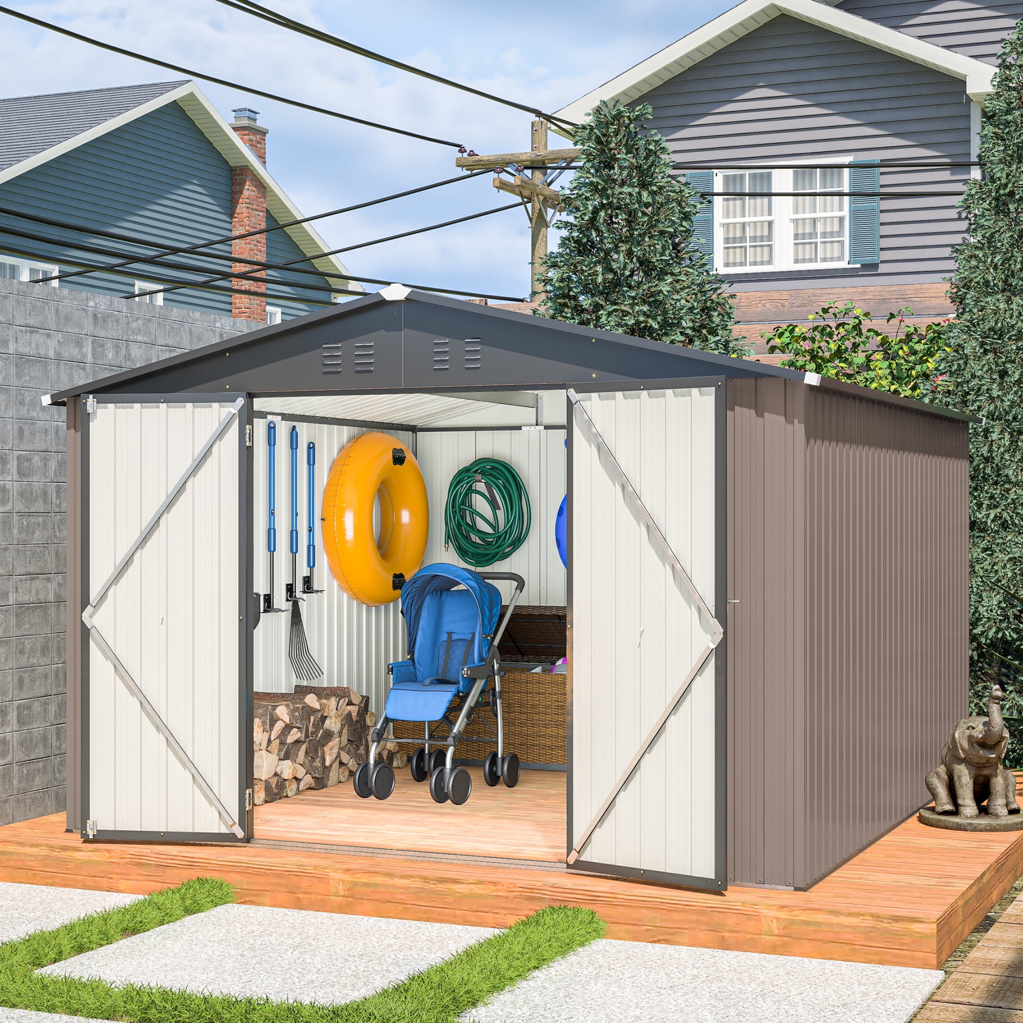 LZBEITEM 10 x 10 ft Outdoor Storage Shed, Metal Garden Tool Shed with ...