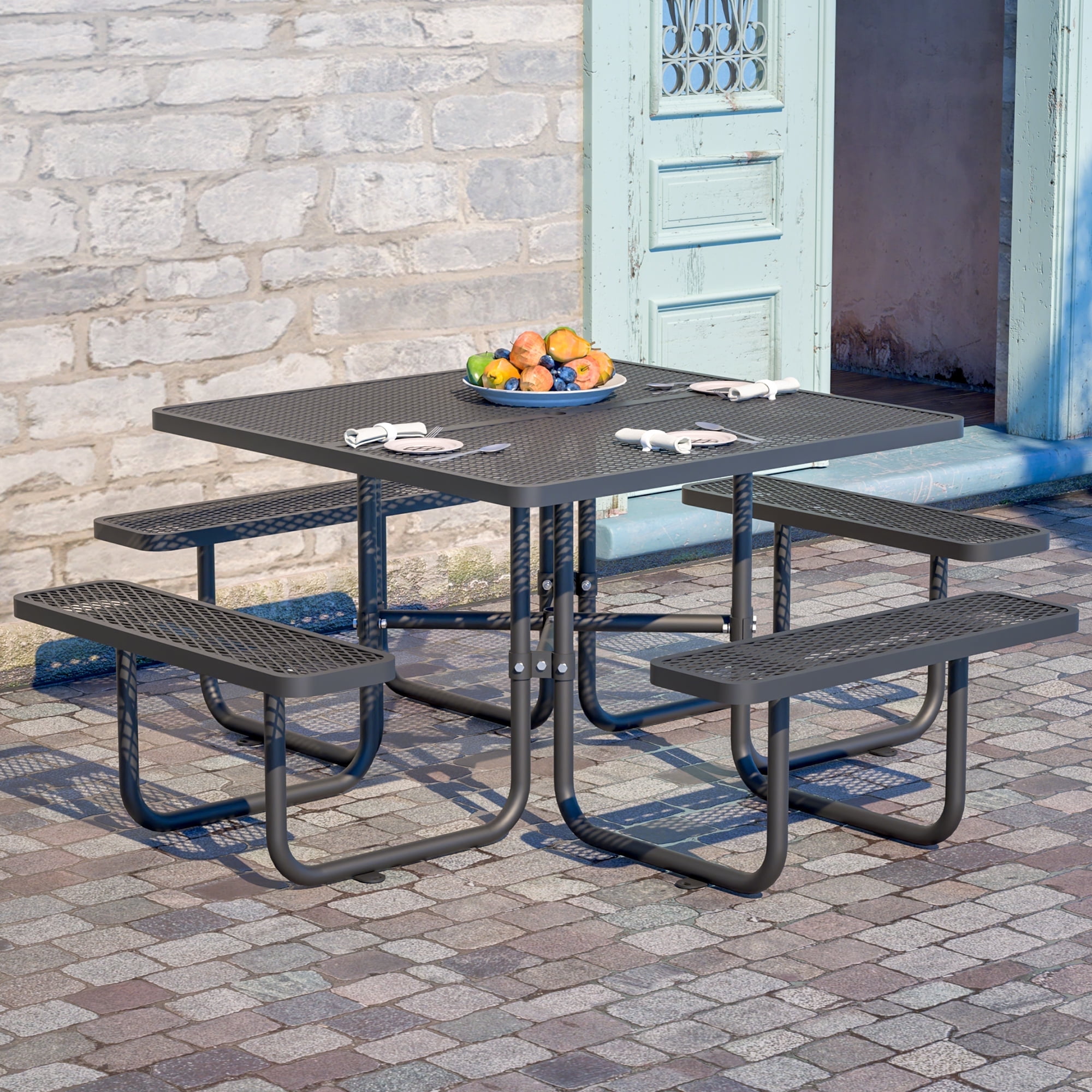 LZBEITEM 46-Inch Square Outdoor Steel Metal Picnic Table Set with 4 ...