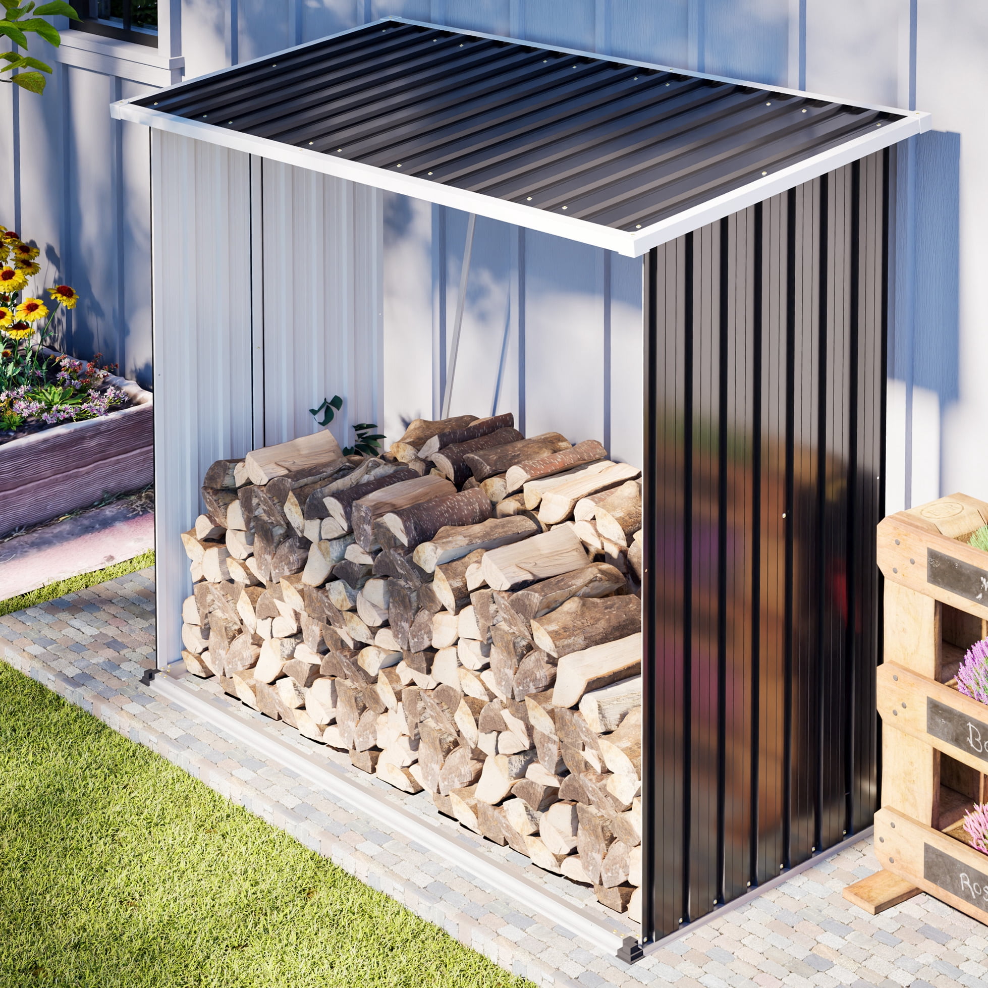LZBEITEM Heavy Duty Metal Firewood Rack, 65"x32" Outdoor Storage Shed ...