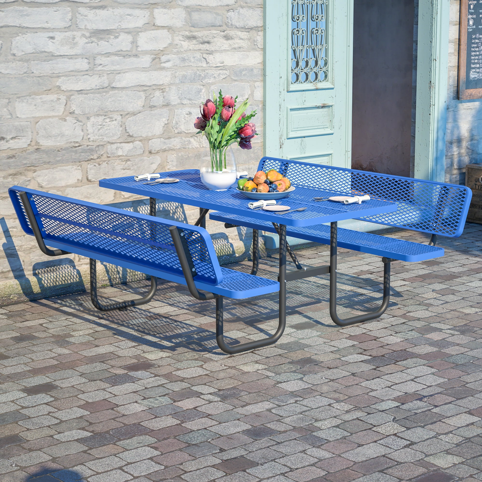 LZBEITEM Rectangular Metal Picnic Tables for Outdoors with Umbrella ...