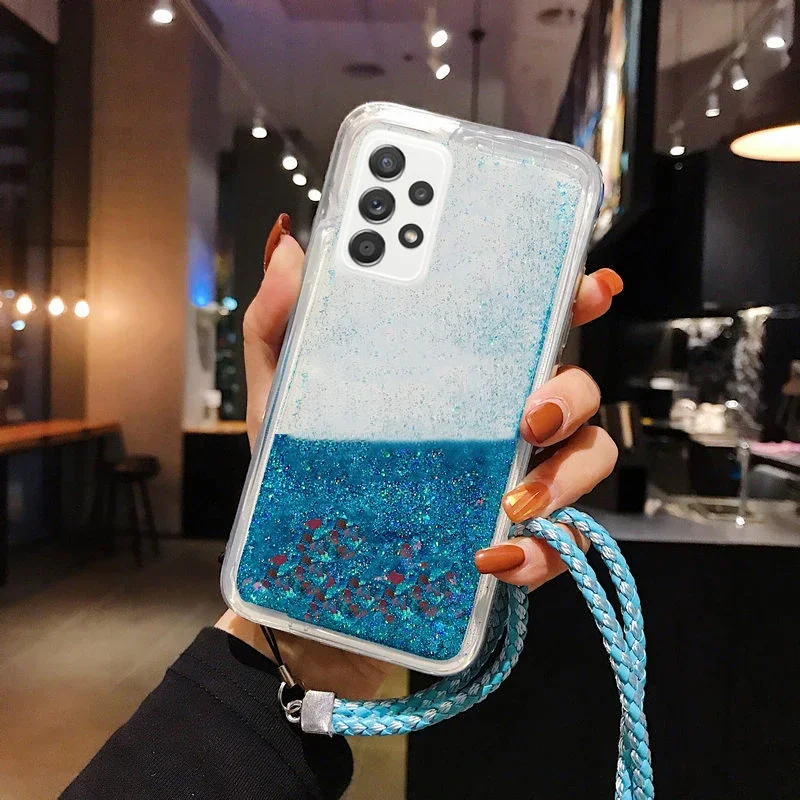 LZDXD Lanyard Glitter Liquid Silicone Case For Samsung Galaxy A15 A25 A35 A55 5G funda Back ...