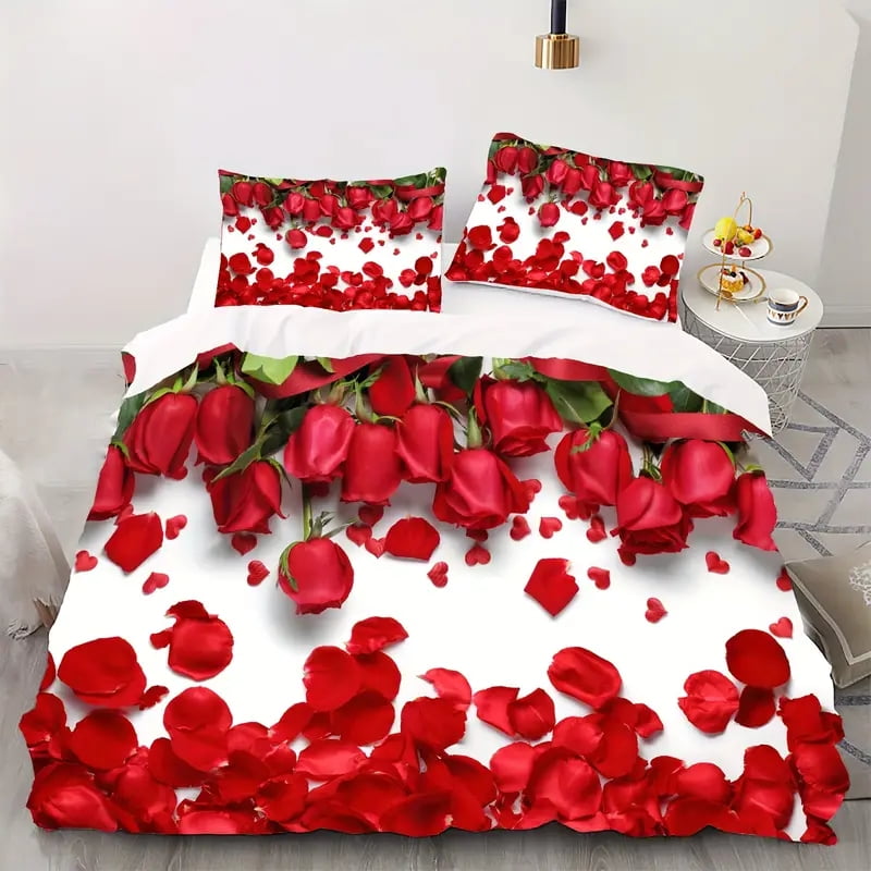 LZHDF 3D Couple Bedding Set, Red Rose Down Duvet Cover, Pillowcase 2/3 ...