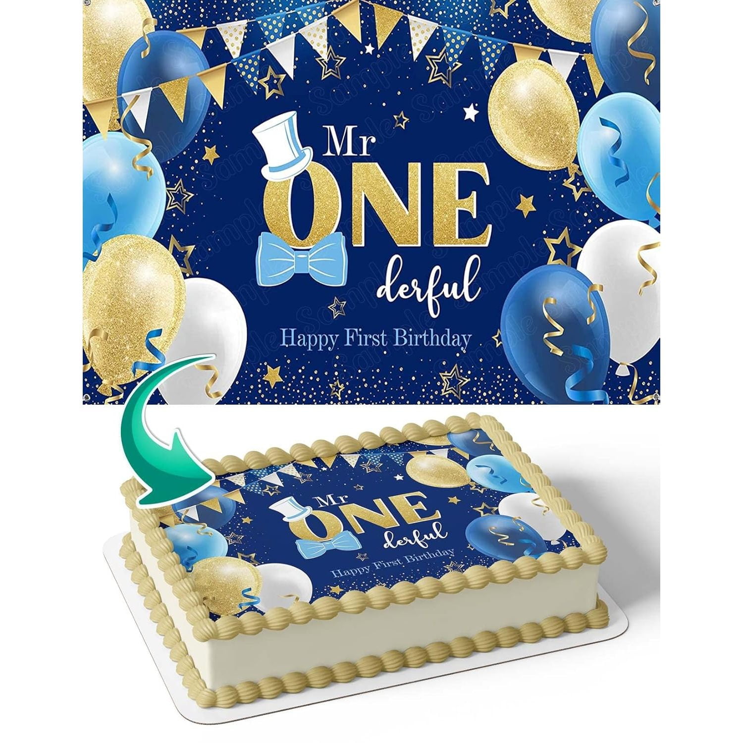 LZHF Mr One Derful Baby Boy 1st Gold Cute Edible Cake Image Topper ...